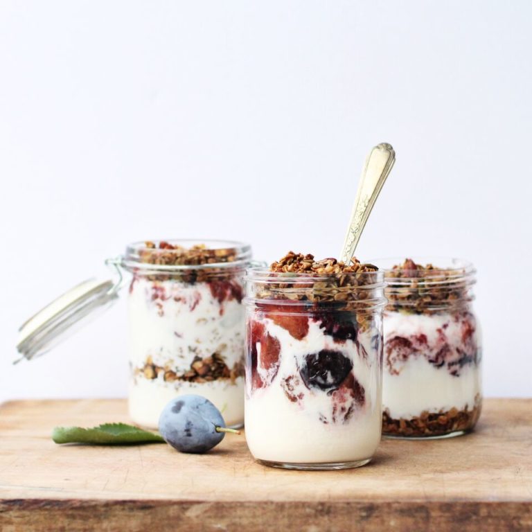 Roasted Plum Yogurt Parfait with Honey Cardamom Granola - Fraiche Living