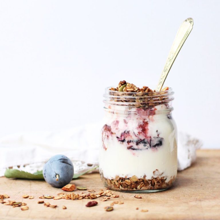 Roasted Plum Yogurt Parfait with Honey Cardamom Granola - Fraiche Living