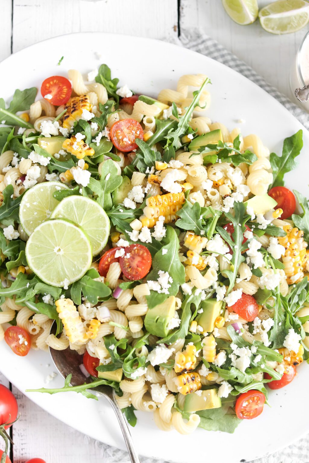Grilled Corn Pasta Salad with Lime Crema Dressing - Fraiche Living