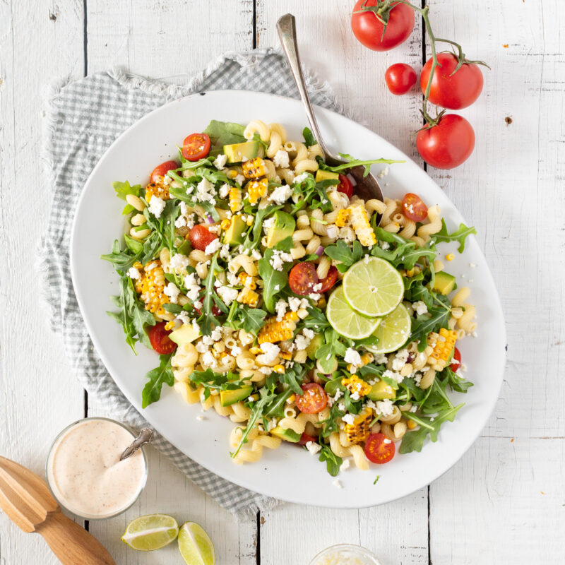 Grilled Corn Pasta Salad with Lime Crema Dressing - Fraiche Living