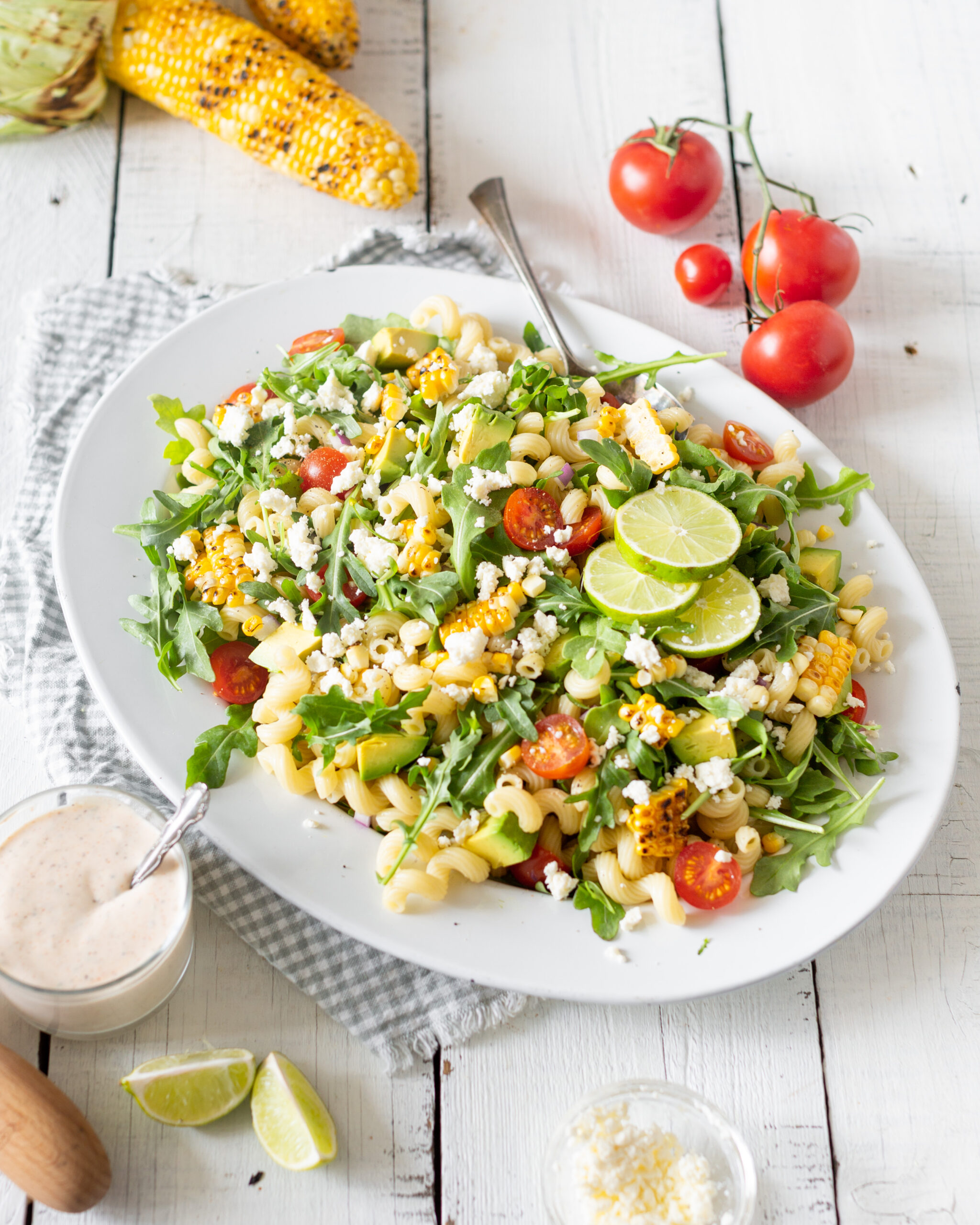 Grilled Corn Pasta Salad with Lime Crema Dressing - Fraiche Living