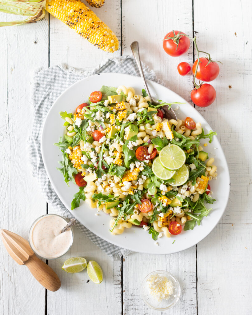 Grilled Corn Pasta Salad with Lime Crema Dressing - Fraiche Living